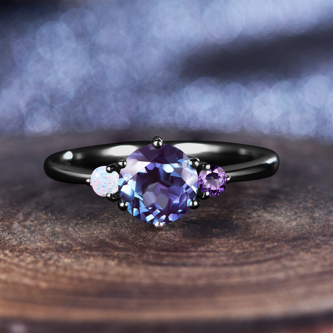 Vintage Round Cut Alexandrite Engagement Ring, Black Gold Wedding Band ...