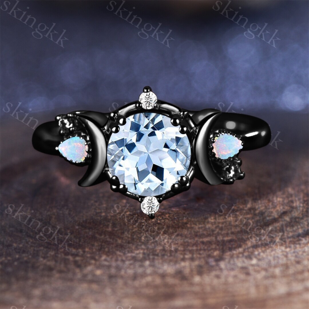 Star Moon Ring Celestial Ring Vintage Aquamarine Ring 14K Black Gold ...