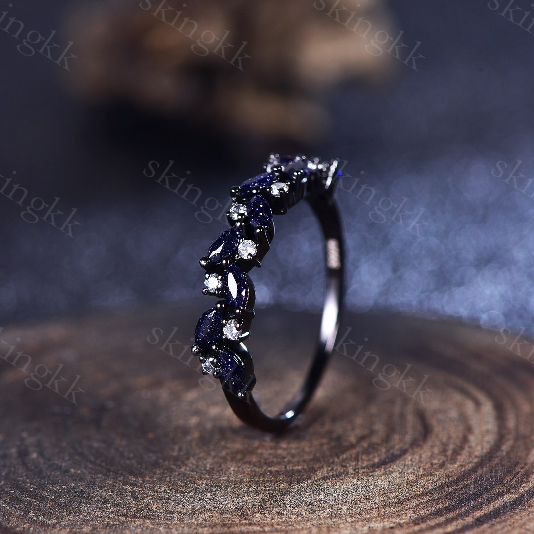Marquise Blue Sandstone Wedding Band, Vintage Moissanite Ring ...