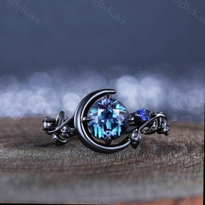 Inspired Alexandrite Ring Set 18K Solid Black Gold Unique Crescent Moon ...