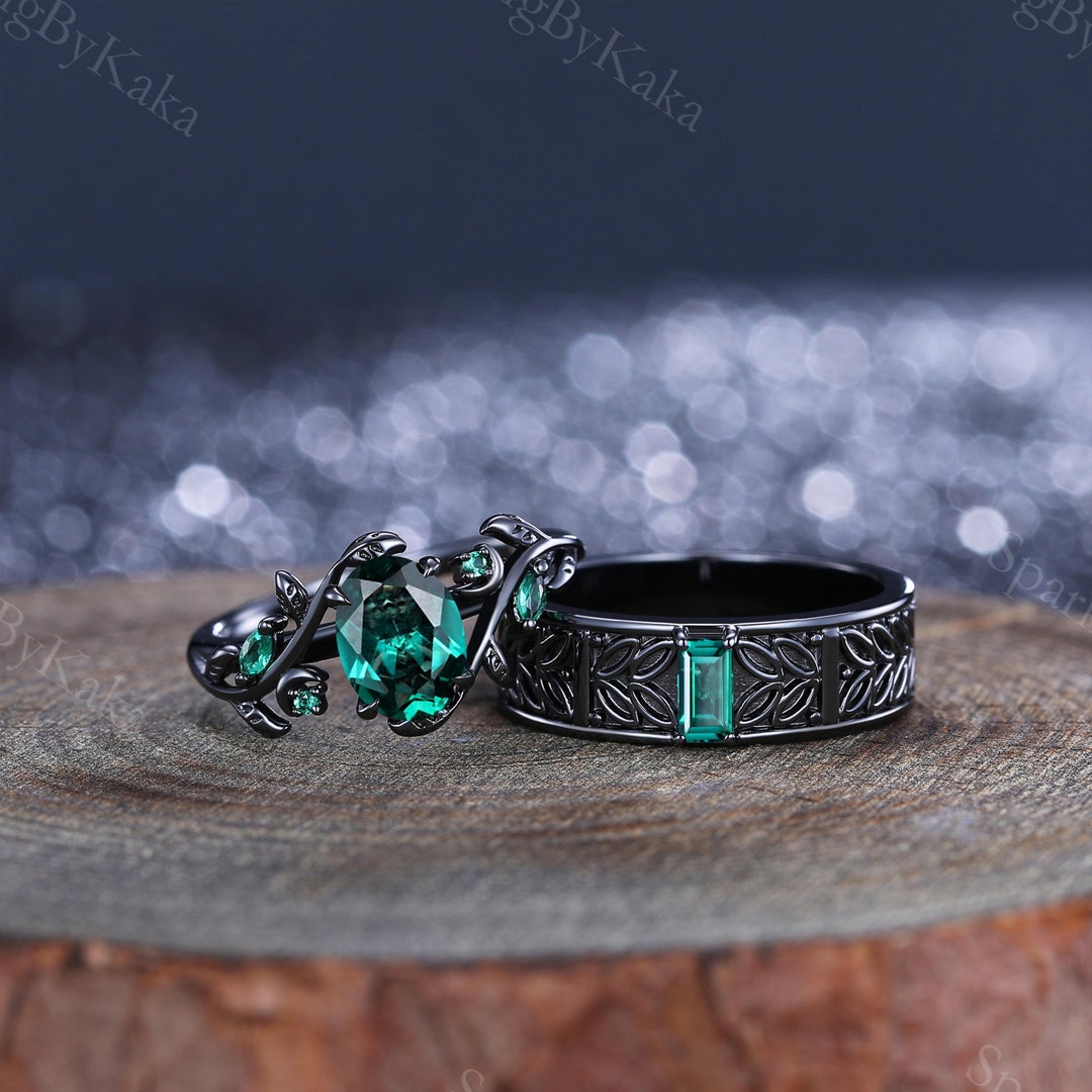 Emerald Matching Couple Rings Emerald Wedding Ring Set Exquisite Commitment Ring Men and Women ...