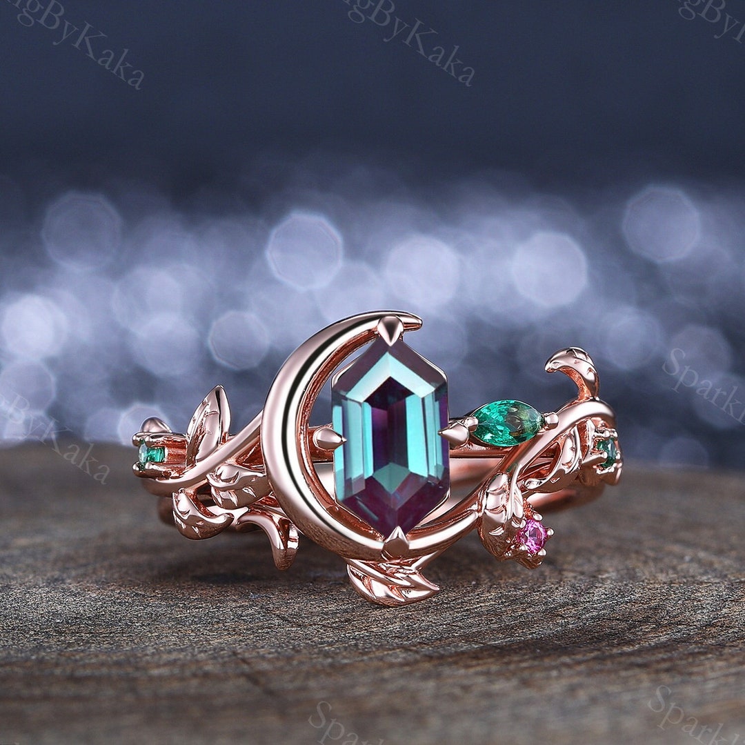 Vintage Hexagonal Cut Alexandrite Ring Set Promise Ring Handmade Gift ...