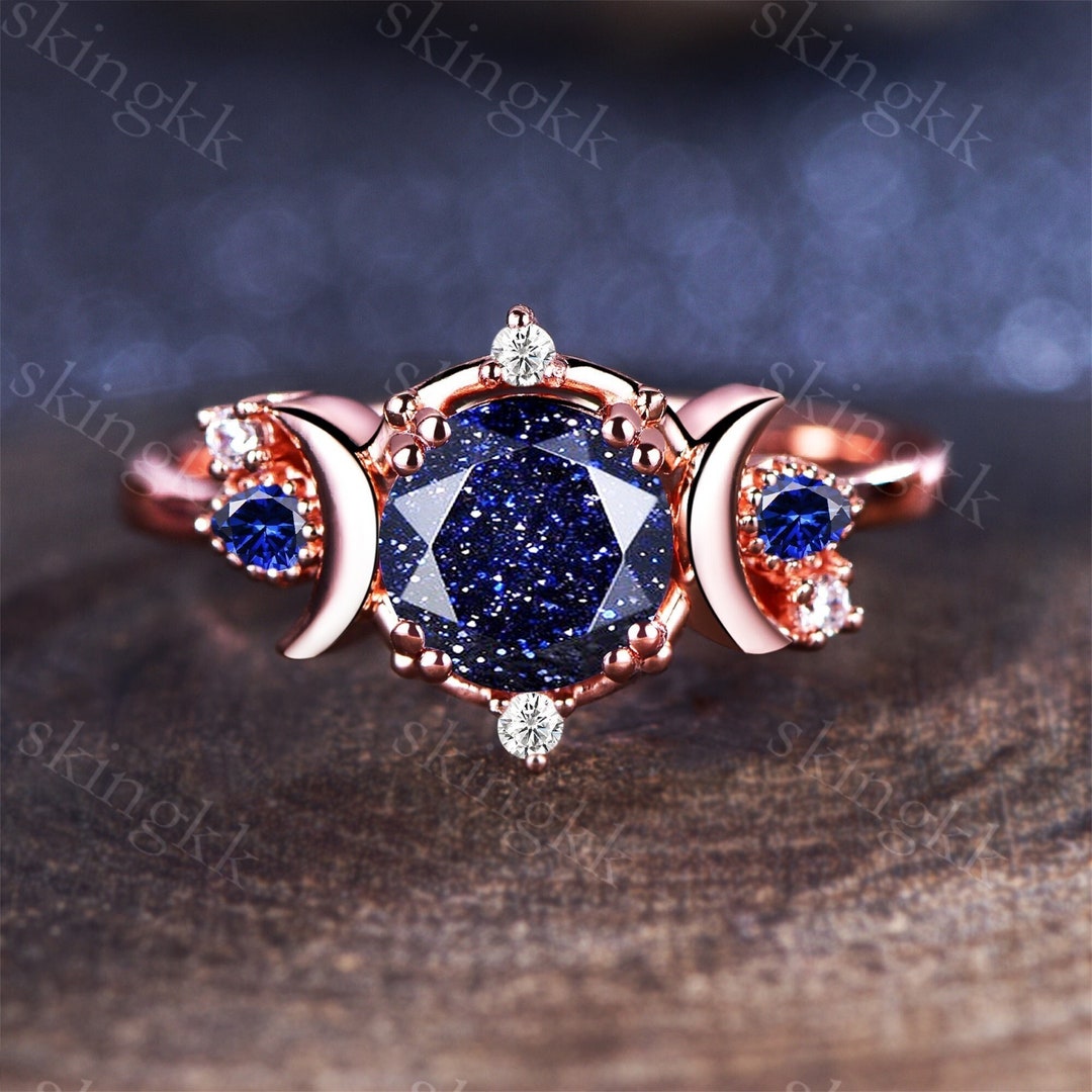 Star Moon Ring – Round Blue Sandstone, 14K Rose Gold - Etsy