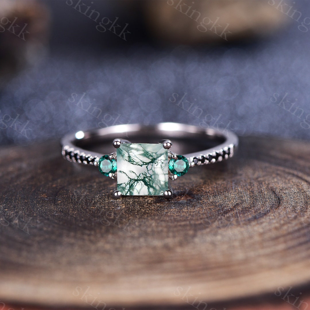 Vintage Princess Cut Moss Agate Engagement Ring, Emerald Ring for Women ...