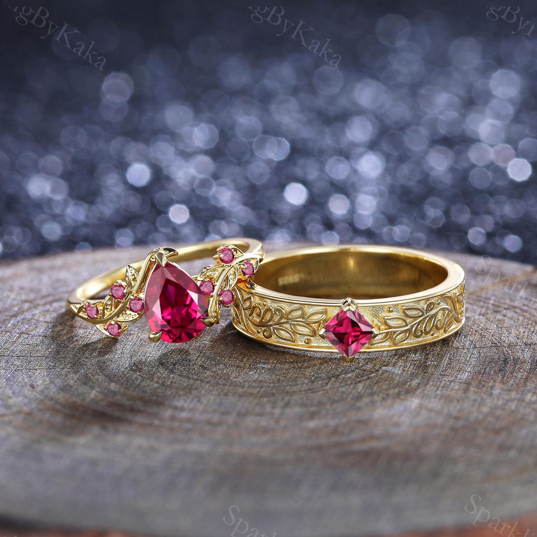 Pear Ruby Couple Ring Set Yellow Gold His&her Matching Wedding Ring ...