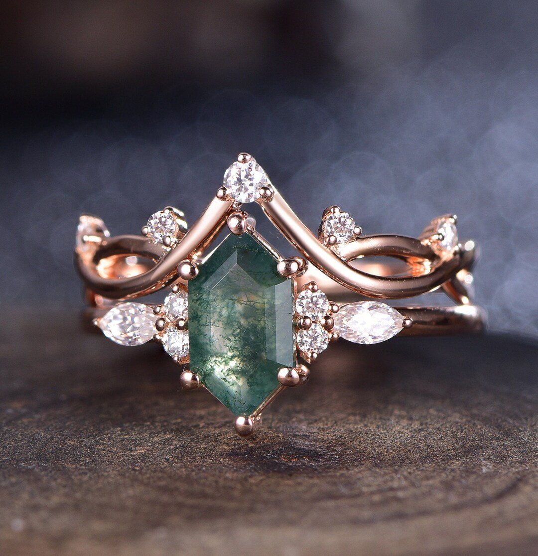 Unique Hexagonal Moissanite Engagement Ring Set, Moss Agate Side Stone ...