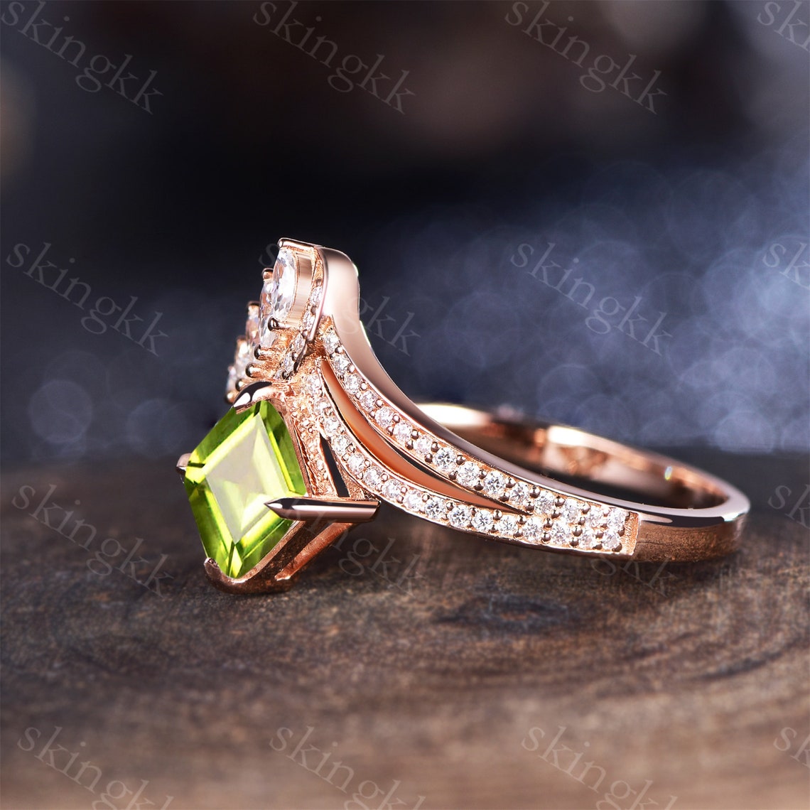 Vintage Princess Cut Peridot Engagement Ring, 14k Rose Gold, Moissanite ...