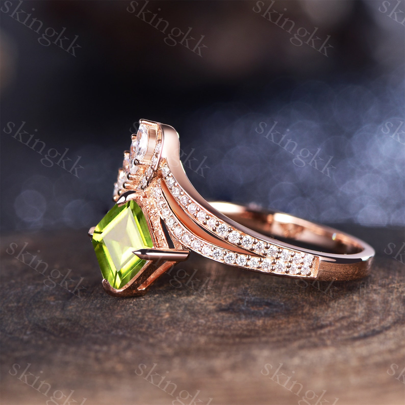 Vintage Princess Cut Peridot Engagement Ring, 14k Rose Gold, Moissanite ...