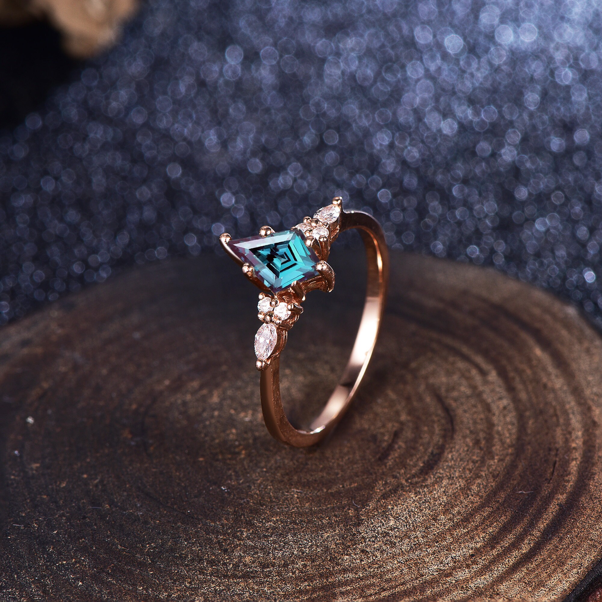 Kite Cut Alexandrite Engagement Ring, Nature Inspired Solid Gold Ring ...