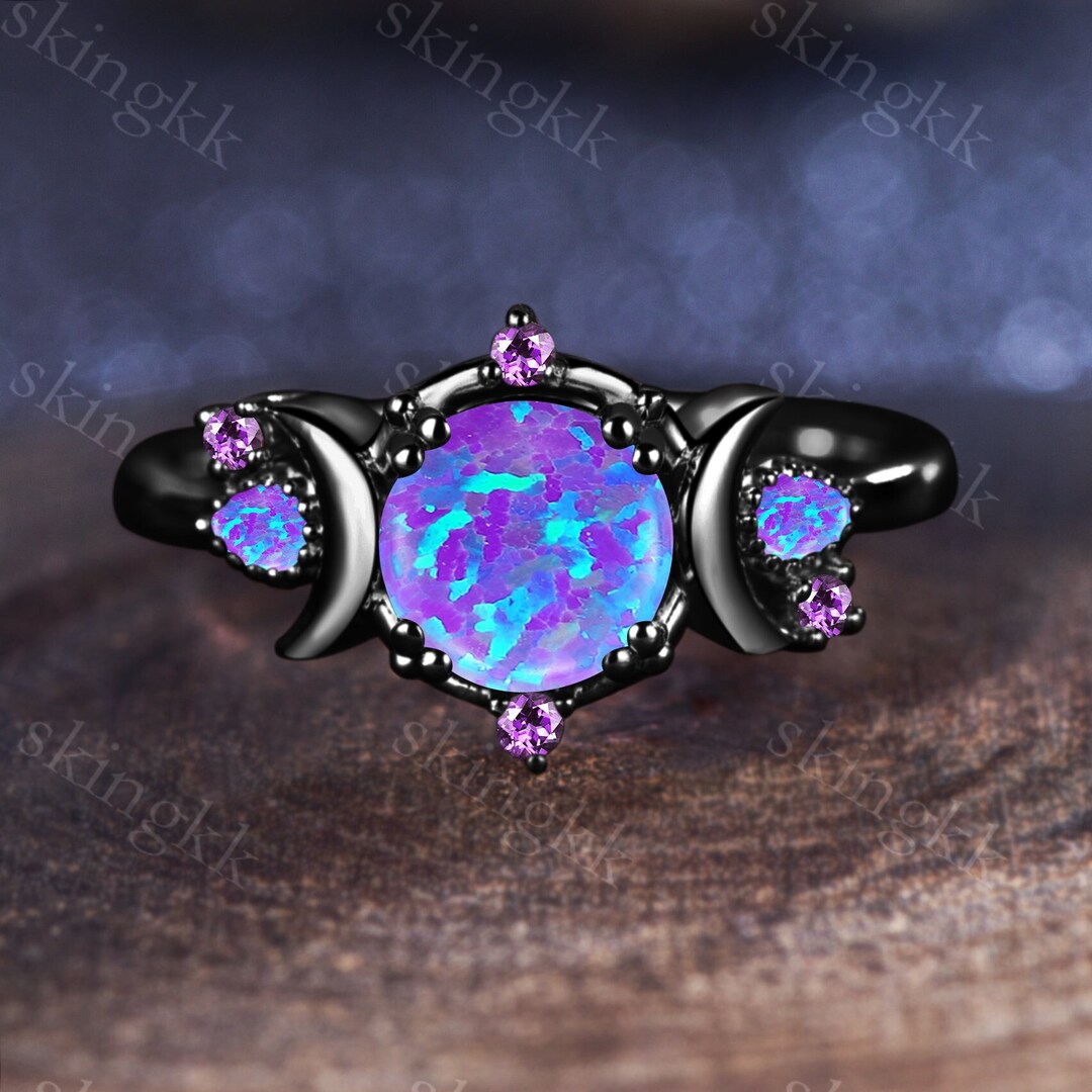 Special Lavender Opal Ring Star Moon Ring 14K Black Gold Purple Opal Ring Promise Ring Round ...