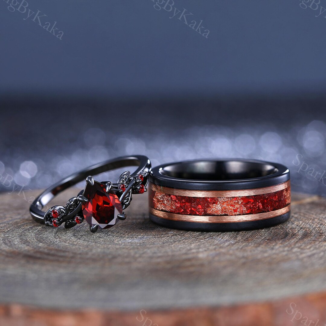 Pear Garnet Couple Ring His&hers Matching Wedding Band Unique Vine Leaf Garnet Cluster Promise ...