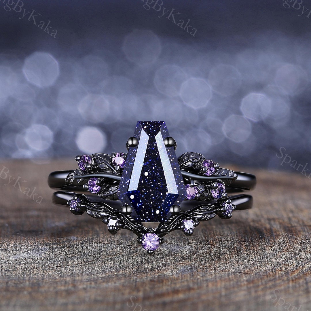 Gothic Blue Sandstone Engagement Ring Set Blue Sandstone Stacking Ring ...