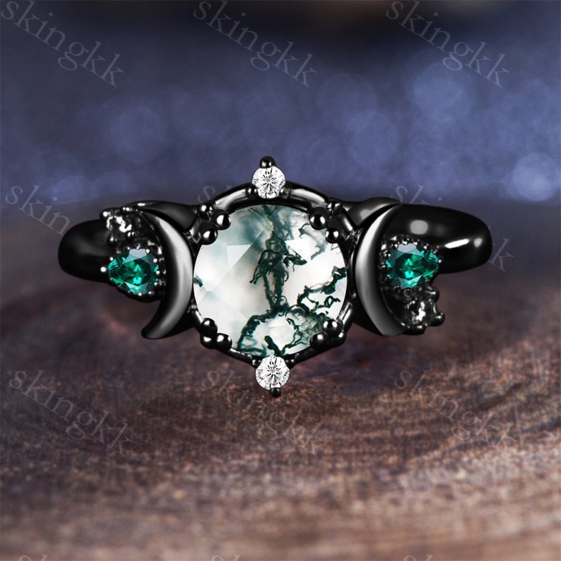 Moss Agate Ring - Celestial Star Moon, 14K Black Gold, Emerald Accent ...