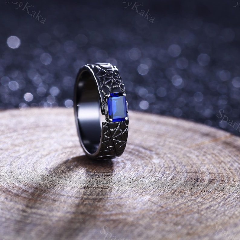 Blue Sapphire Men's Promise Ring Engagement Ring Unique 14K Black Gold ...