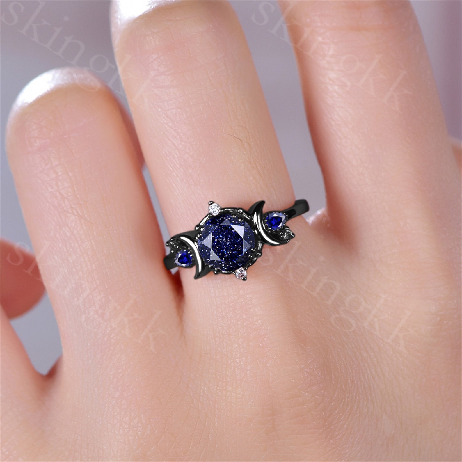 Blue Sandstone Star Moon Ring – 14K Black Gold, Sapphire Accent - Etsy