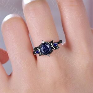 Blue Sandstone Star Moon Ring – 14K Black Gold, Sapphire Accent - Etsy