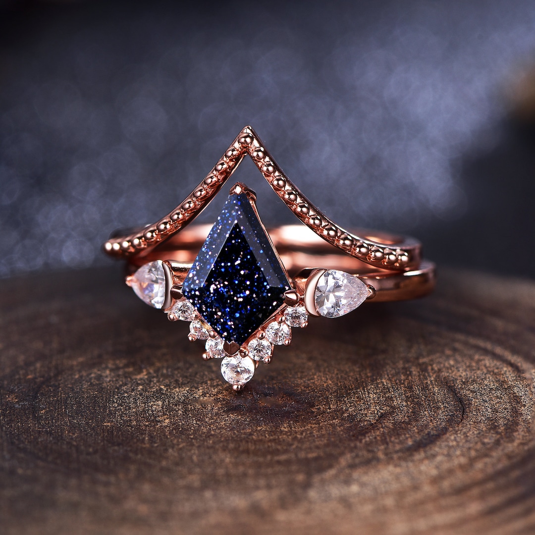 Vintage Kite Cut Blue Sandstone Engagement Ring Set Sterling - Etsy