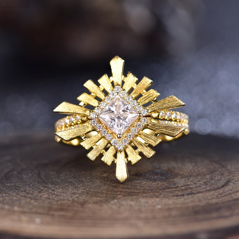 Princess Ring Set Moissanite Engagement Ring Set Gold Ring - Etsy