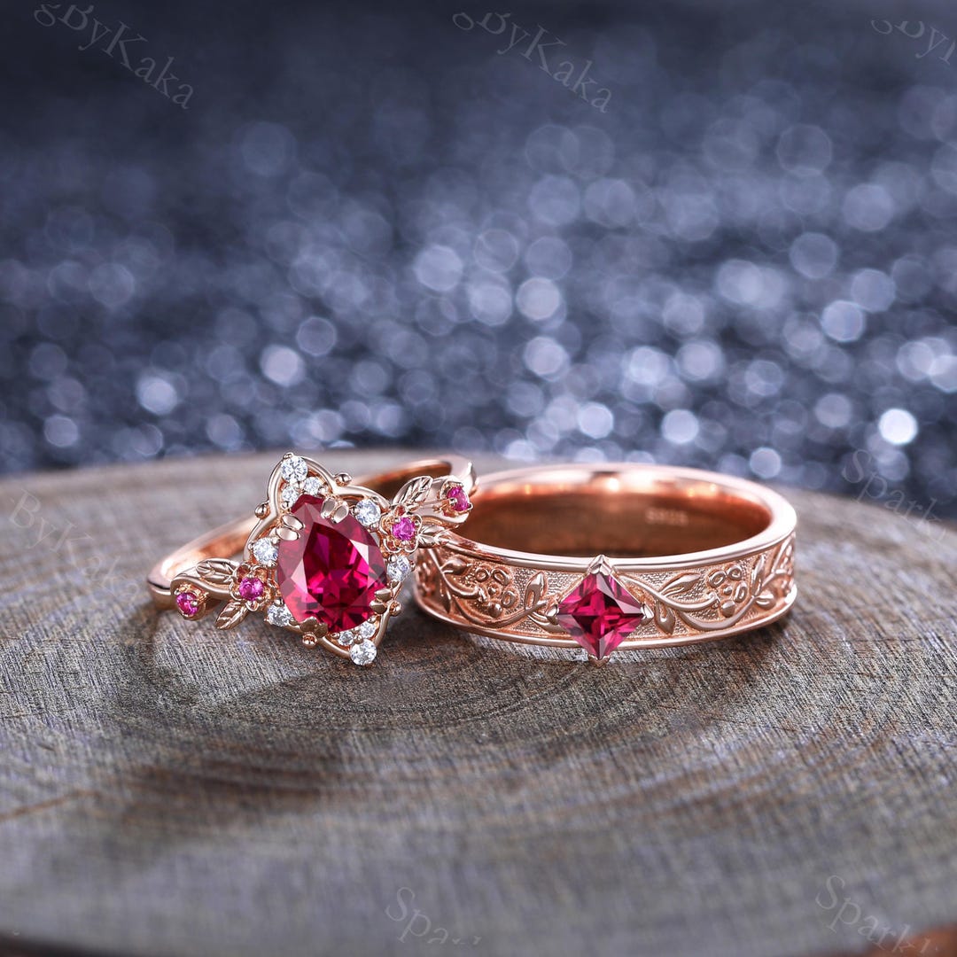 Ruby Couple Ring Men&women Matching Wedding Ring Leaf Design Engagement ...