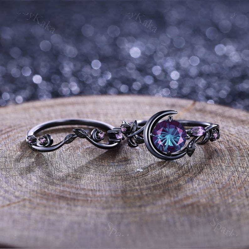 Fireworks Alexandrite Wedding Ring Set 18K Black Gold Crescent Moon ...