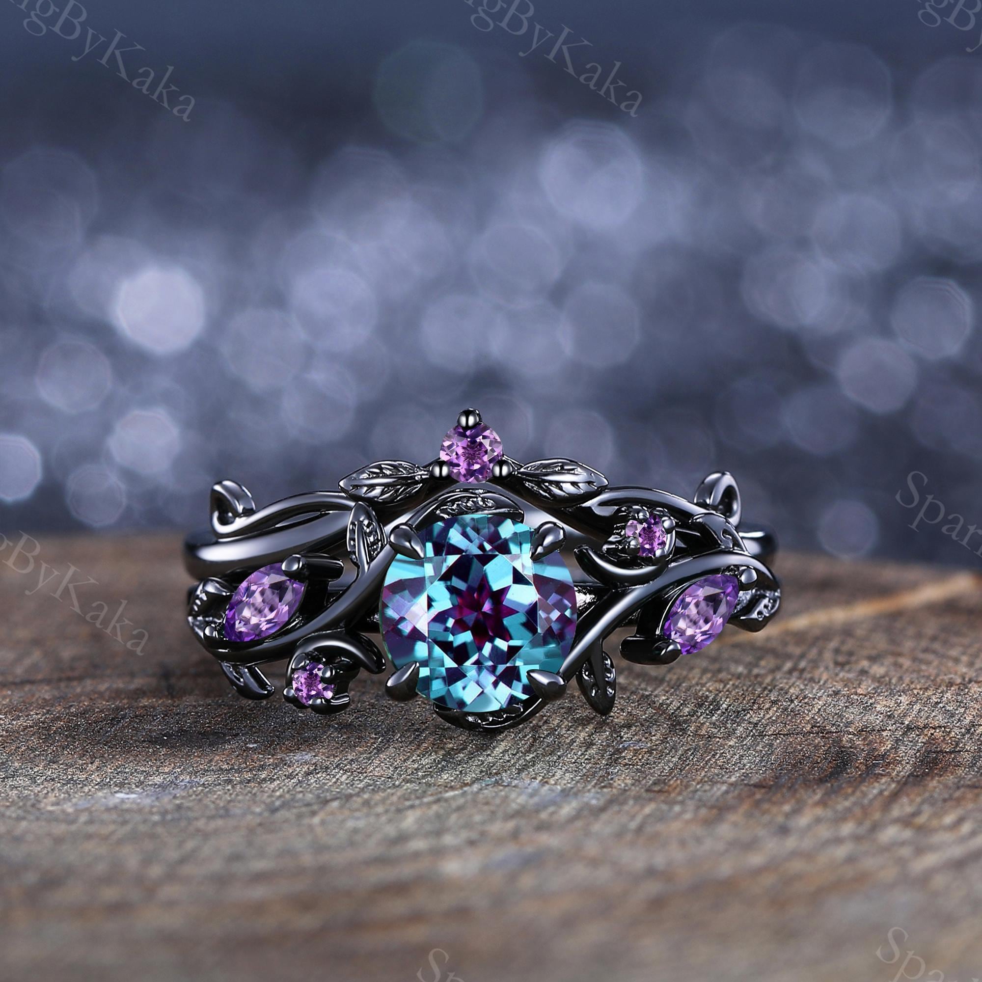 Unique Round Alexandrite Engagement Ring Set Crescent Moon Ring Leaf ...