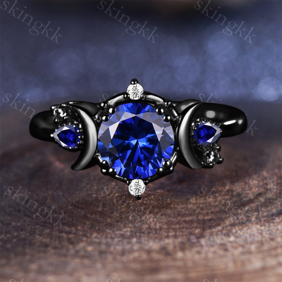Star Moon Ring Celestial Ring Vintage Sapphire Ring 14K Black Gold Ring ...