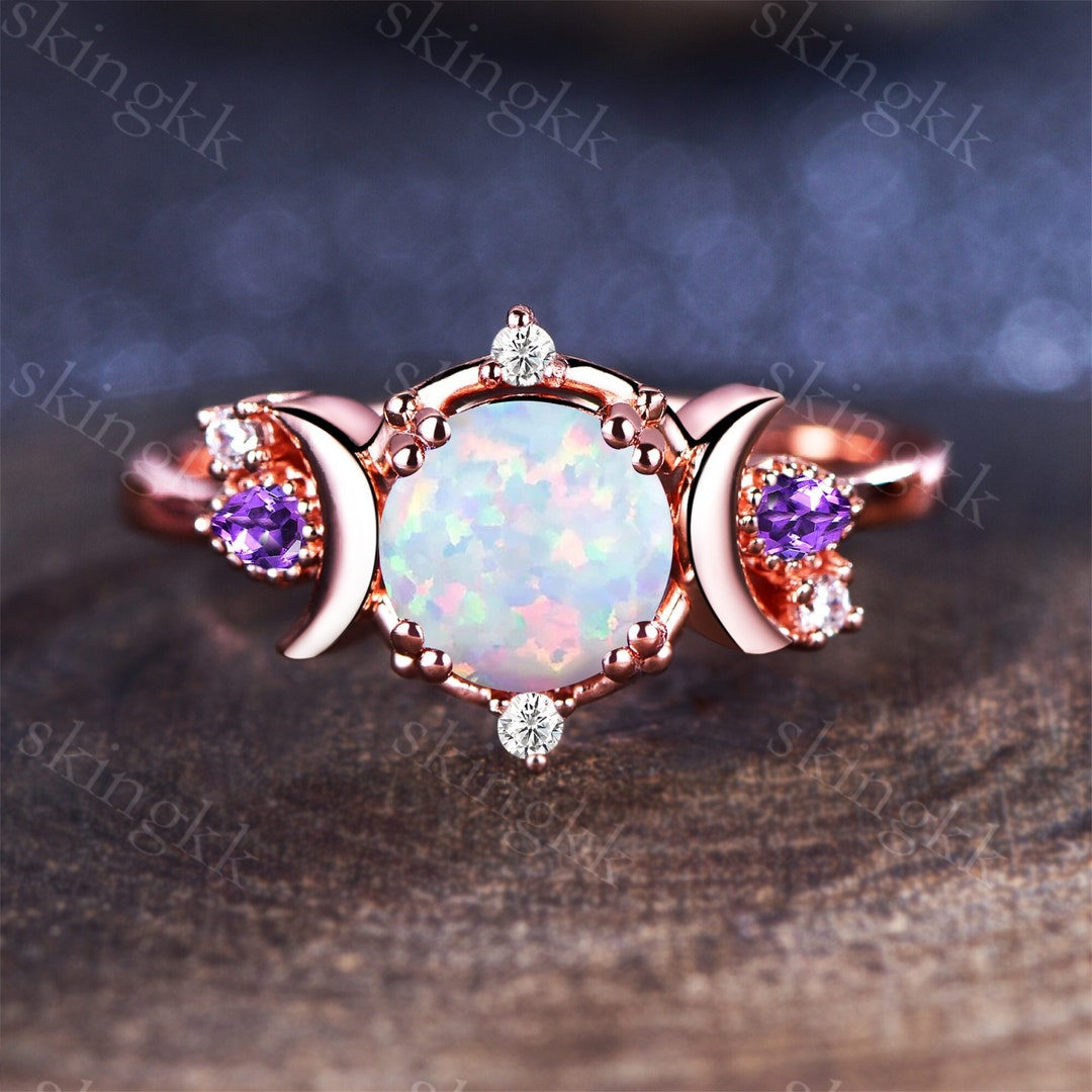 Star Moon Ring Natural Opal Ring 14K Rose Gold Alexandrite Ring ...
