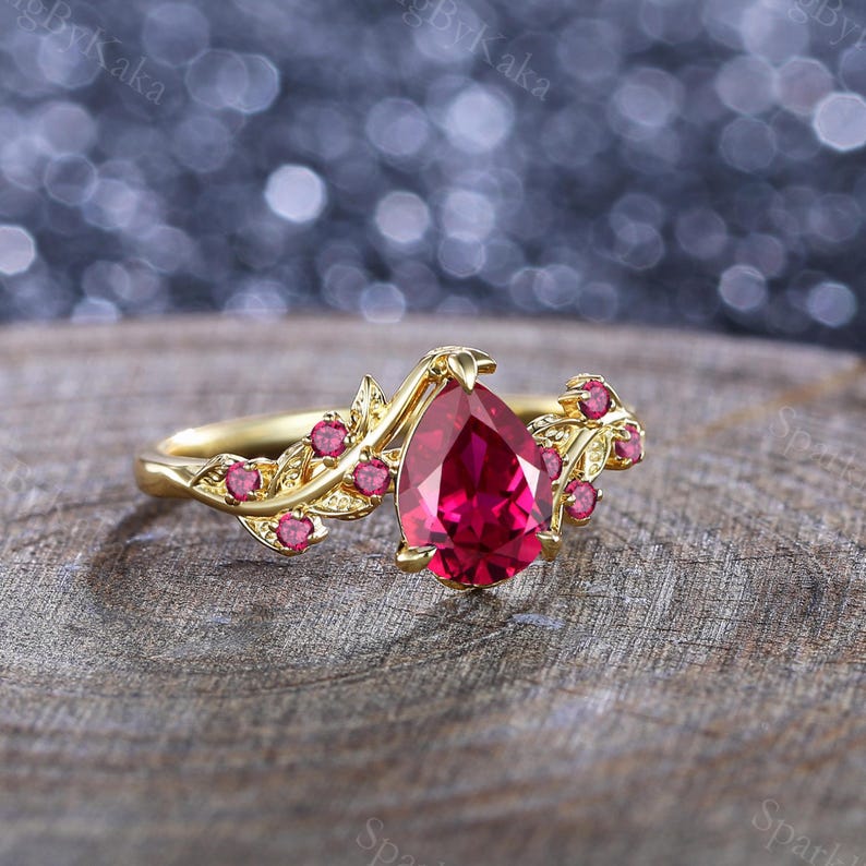 Ruby Engagement Ring Set, Yellow Gold Leaf Wedding Bands - Etsy UK