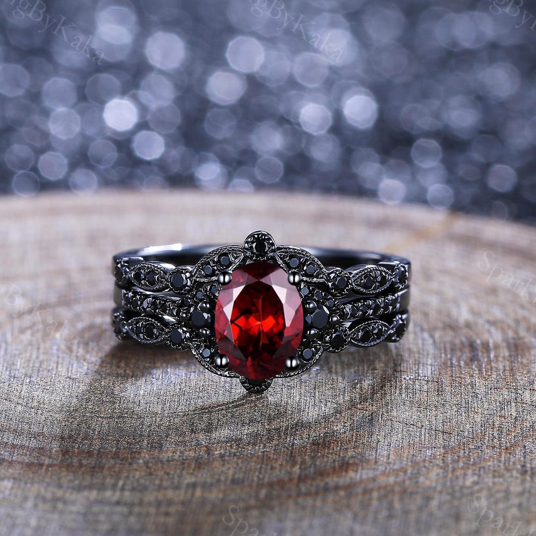 Gothic Garnet Engagement Ring Set, Black Onyx Accents - Etsy