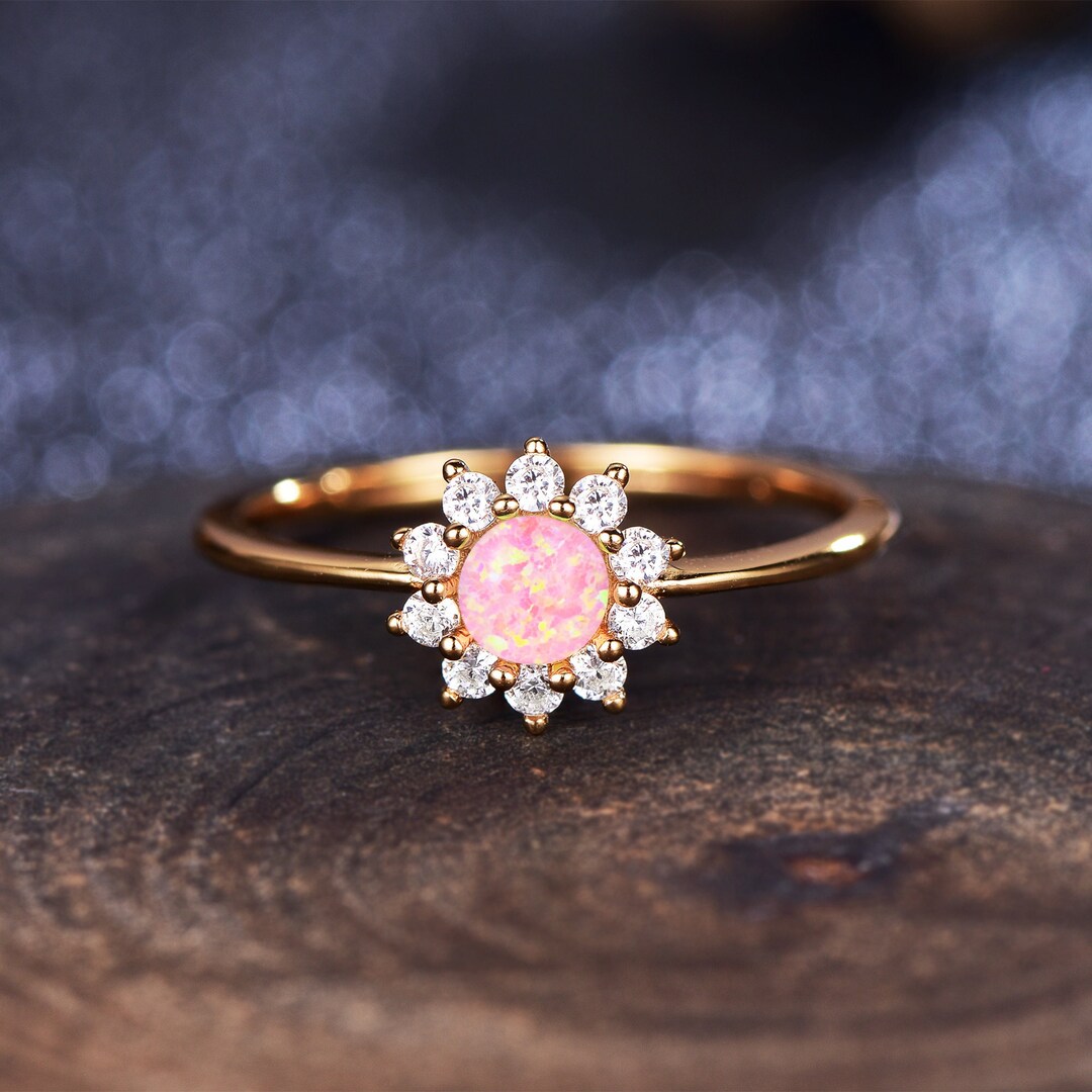 Round Pink Opal Engagement Ring Rose Gold Fire Opal Wedding Ring Halo ...