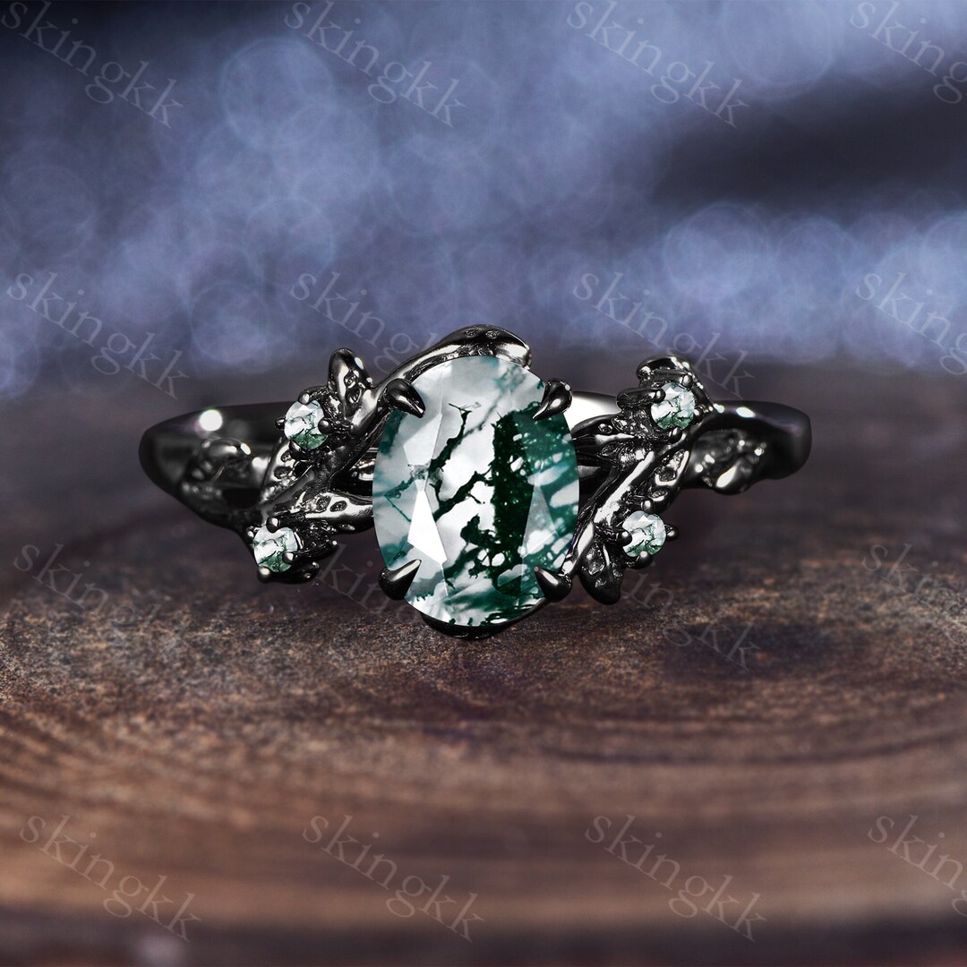 Vintage Moss Agate Ring, Art Deco Leaf Promise Ring, Black Gold - Etsy
