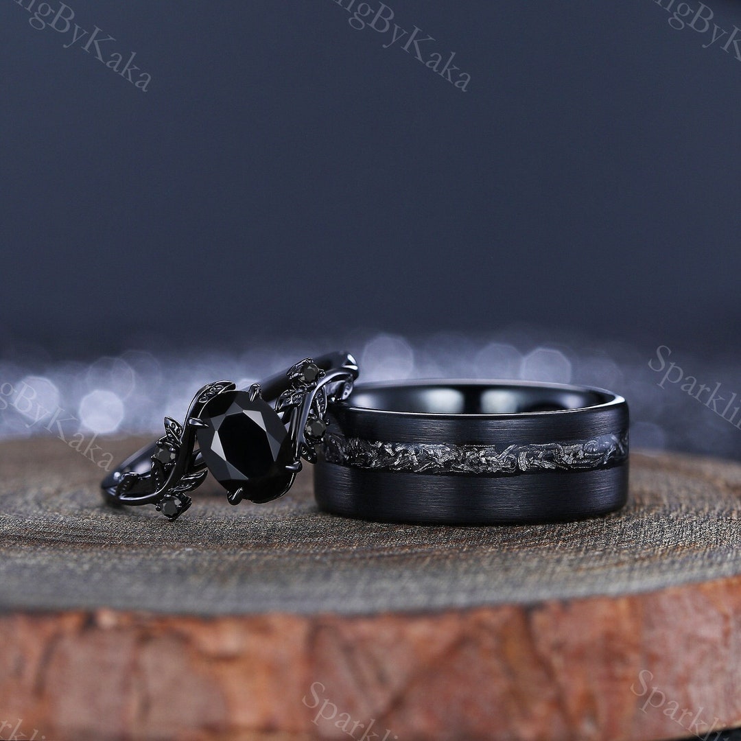 Black Onyx Sterling Silver Ring Set, Tungsten Wedding Bands - Etsy