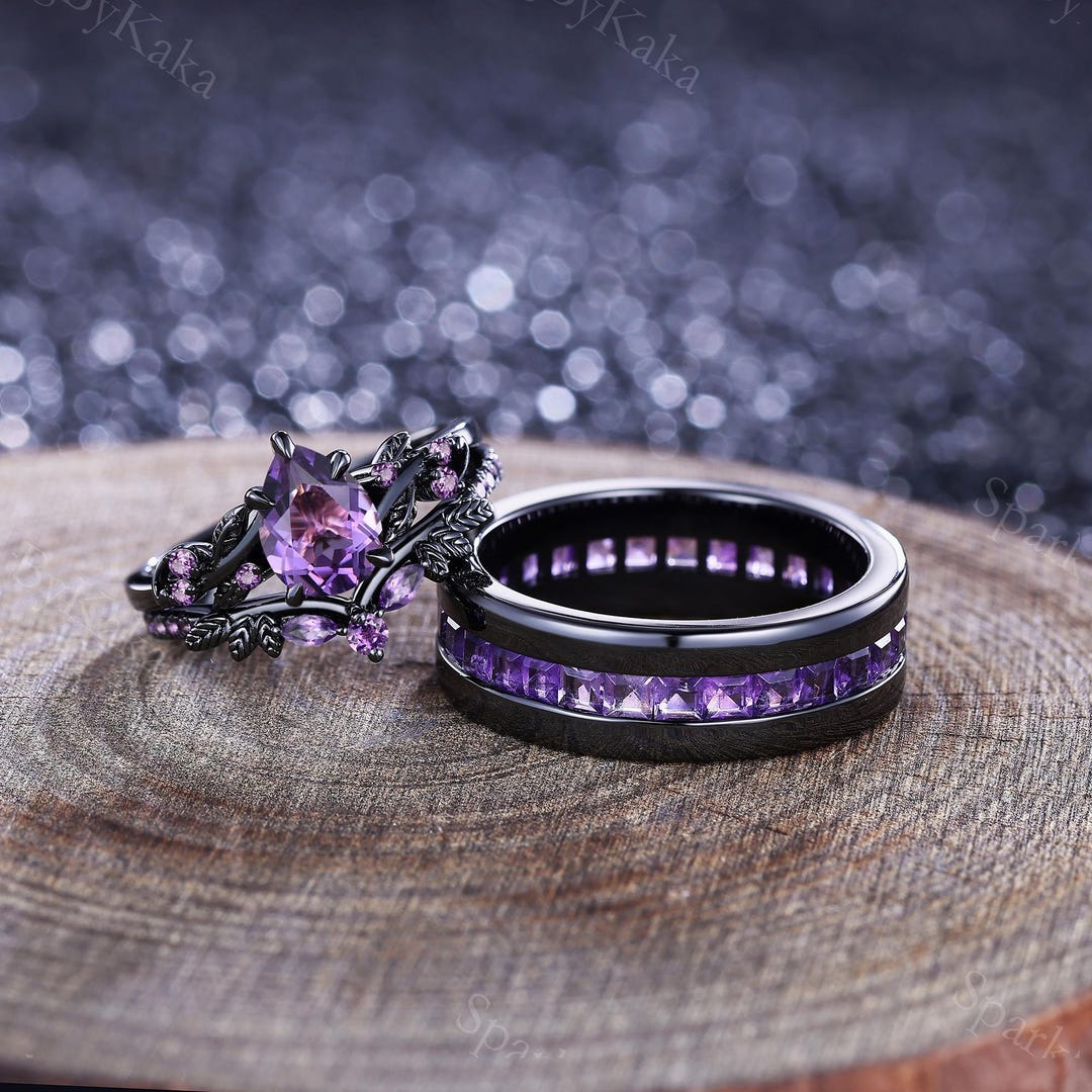 Unique Amethyst Couple Rings His&her Matching Wedding Rings Amethyst ...