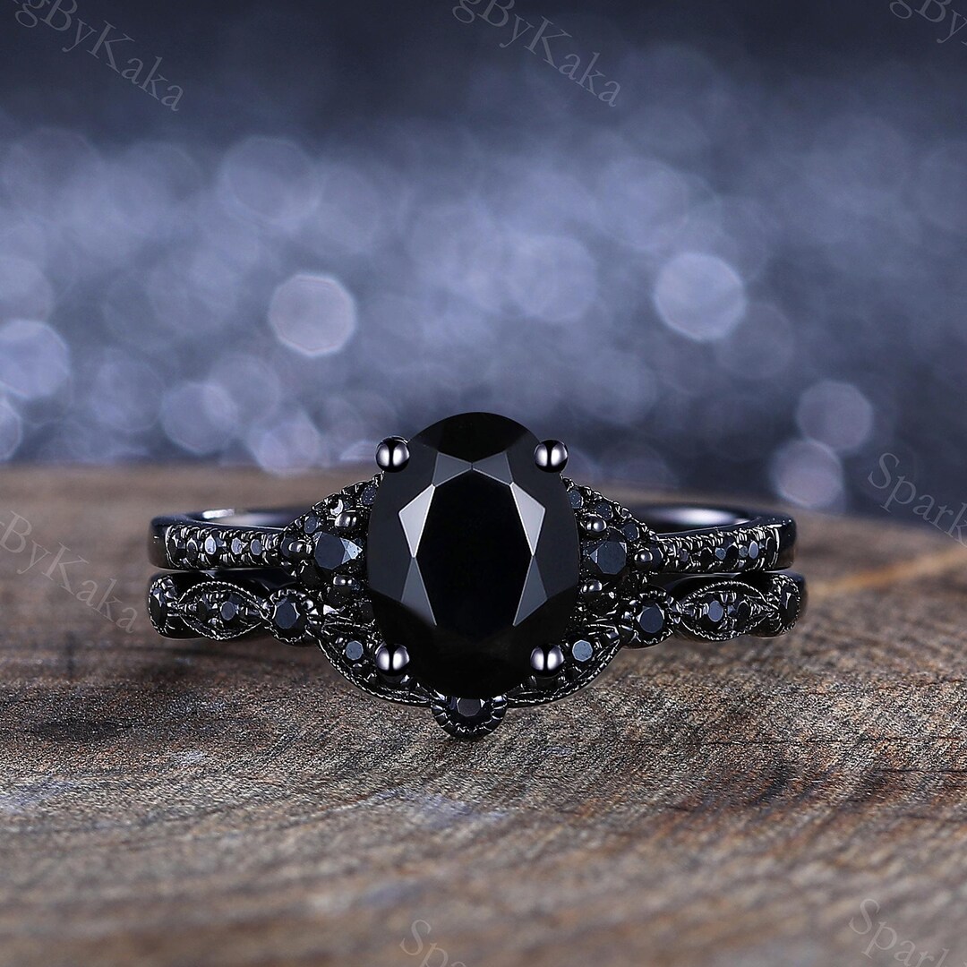 Gothic Black Onyx Engagement Ring Set Black Onyx Stacking Ring Unique ...