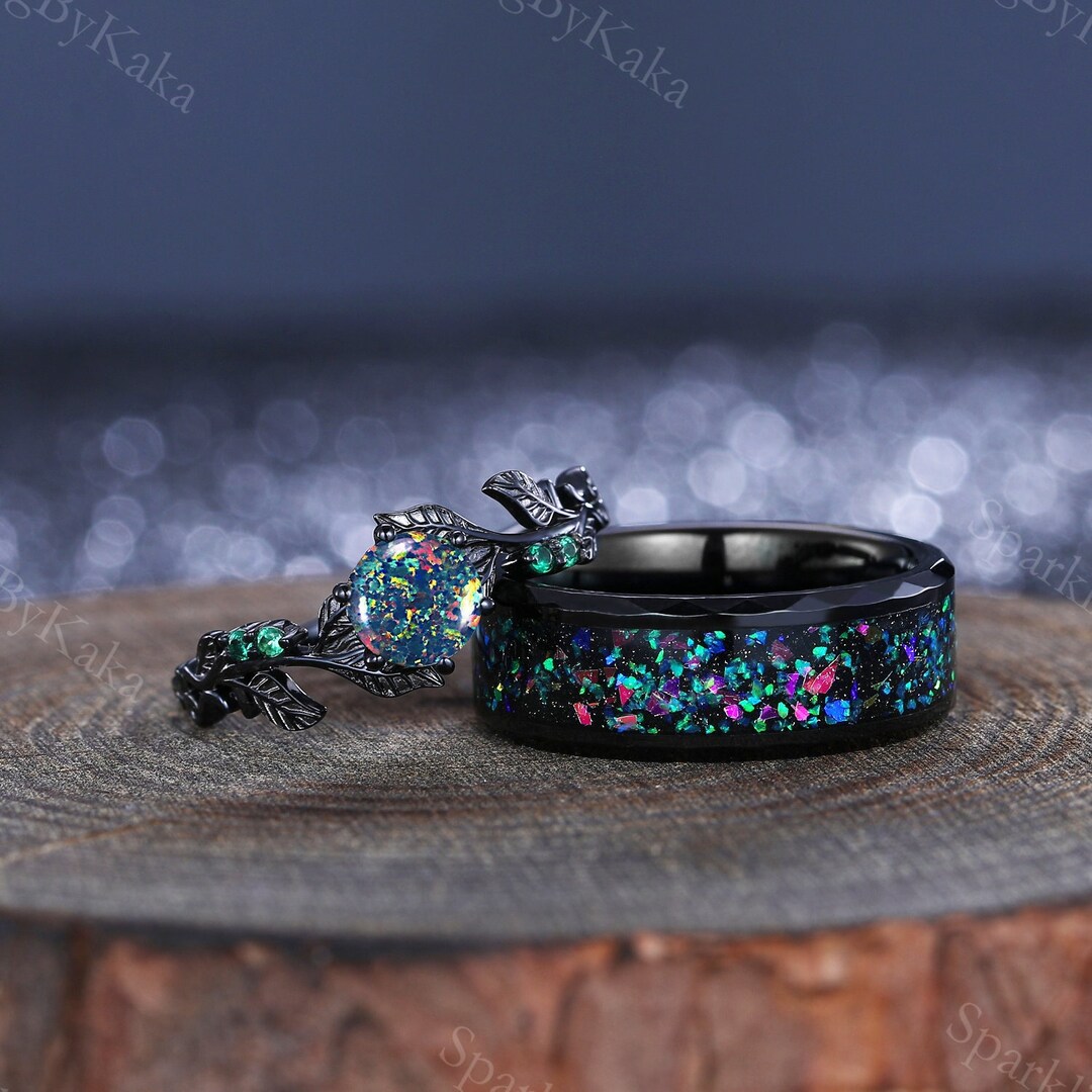 Black Gold Couple Ring Set Black Opal Promise Ring Men and Women ...