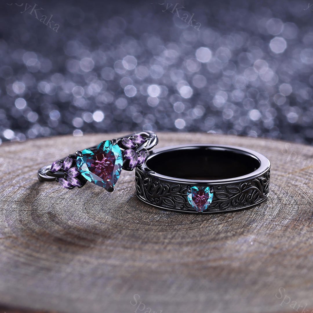 Alexandrite Couple Ring His&her Matching Wedding Ring Unique Leaf ...