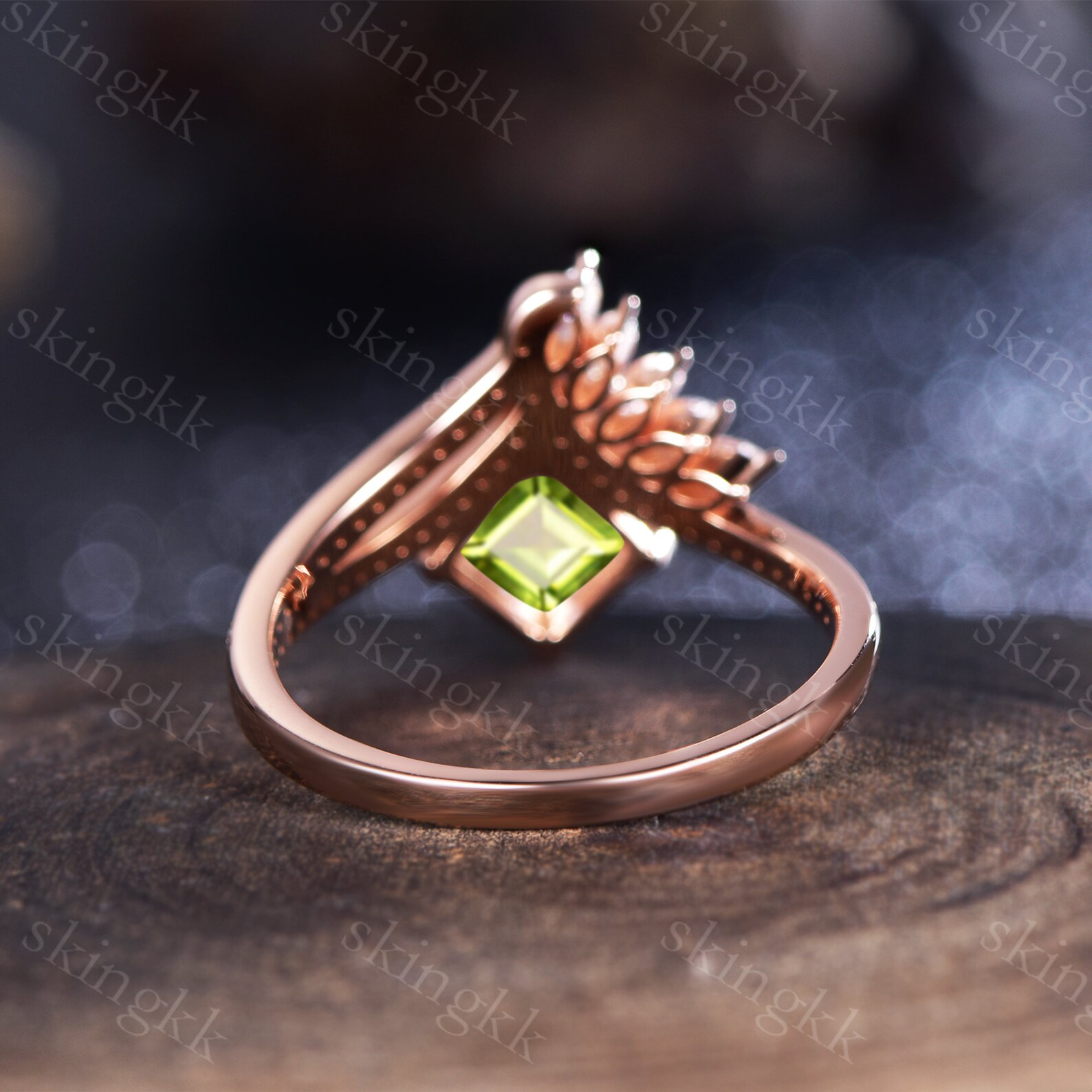 Vintage Princess Cut Peridot Engagement Ring, 14k Rose Gold, Moissanite ...