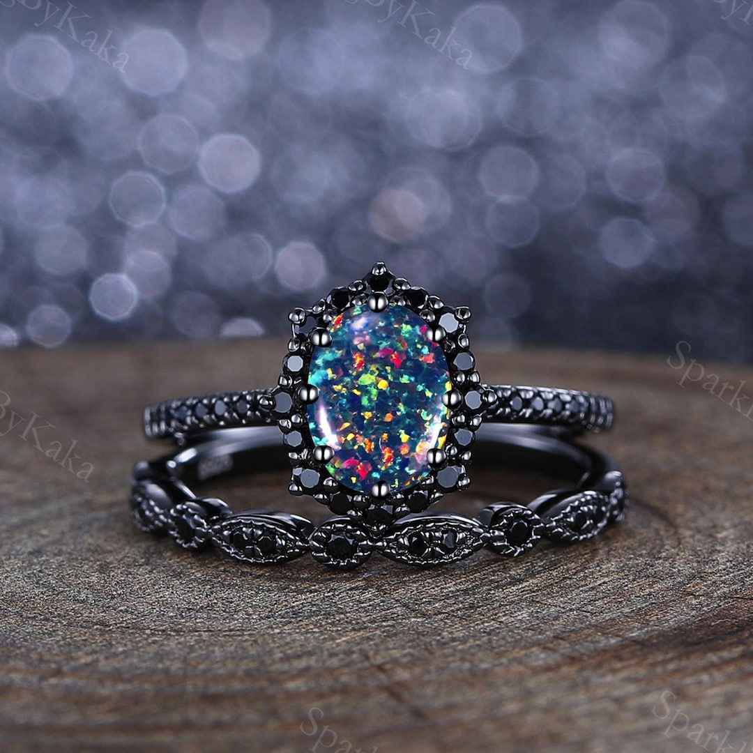 Gothic Black Opal Wedding Ring Set Bridal Set 14K Black Gold Engagement Ring Set Unique Promise ...