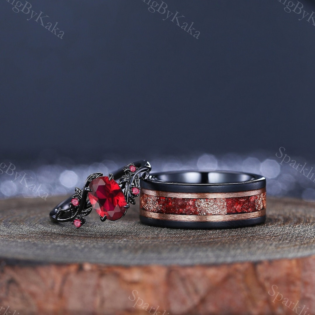 Oval Black Gold Garnet Leaf Couples Ring Set- His and Hers Matching ...