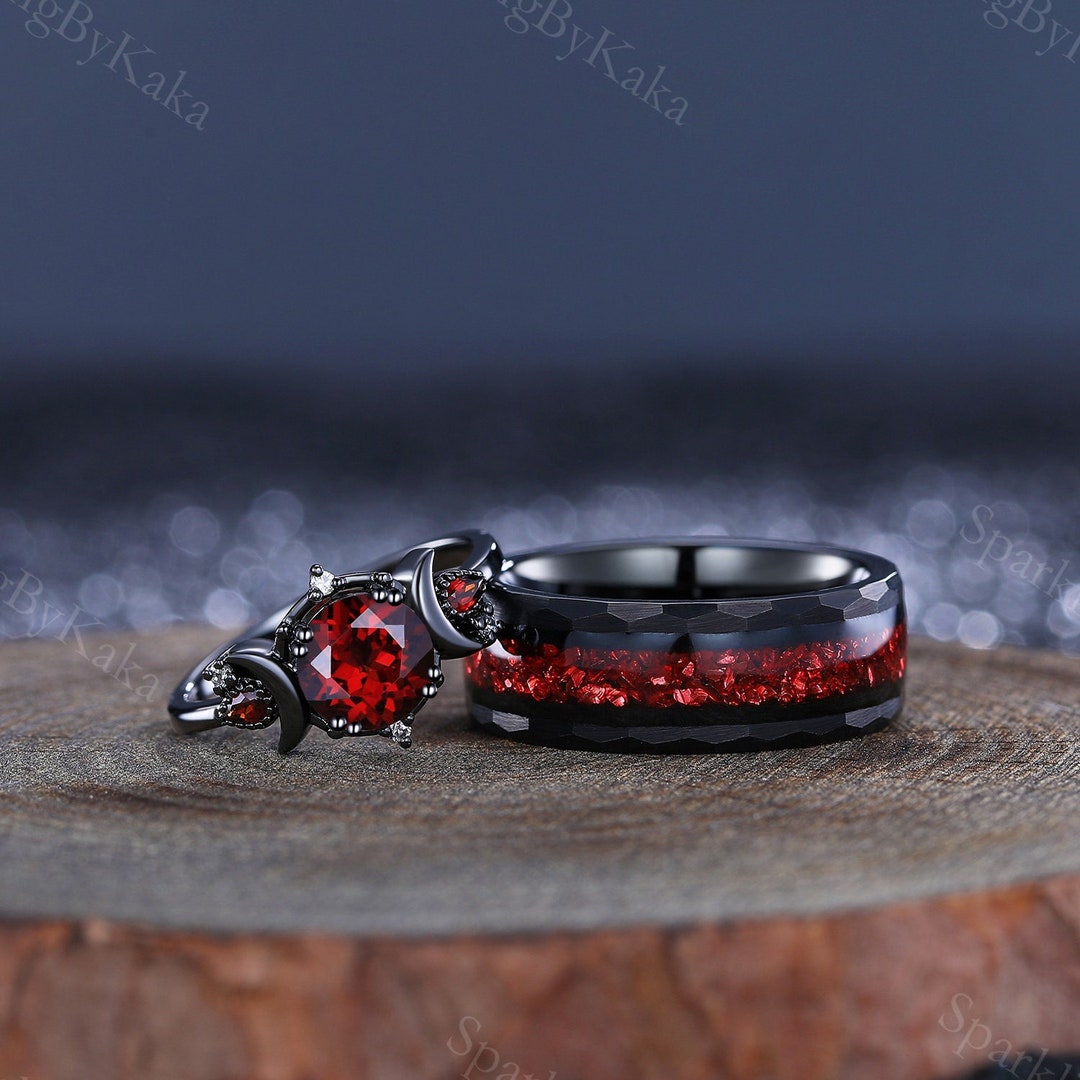 Garnet & Ruby Wedding Ring Garnet Couple Ring Set Star Moon Ring ...