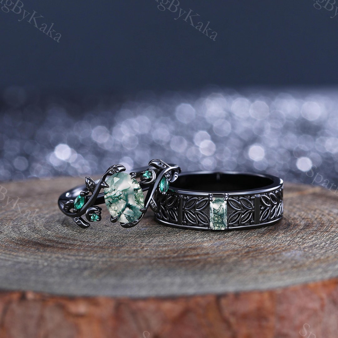 Moss Agate Wedding Couple Rings Moss Agate Engagement Ring Set His and ...