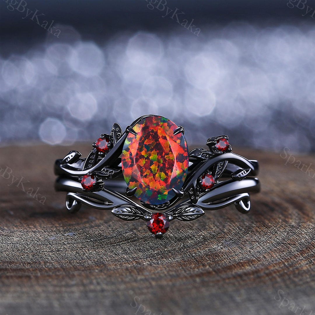 Vintage Oval Black Fire Opal Engagement Ring Set Nature Inspired Black ...