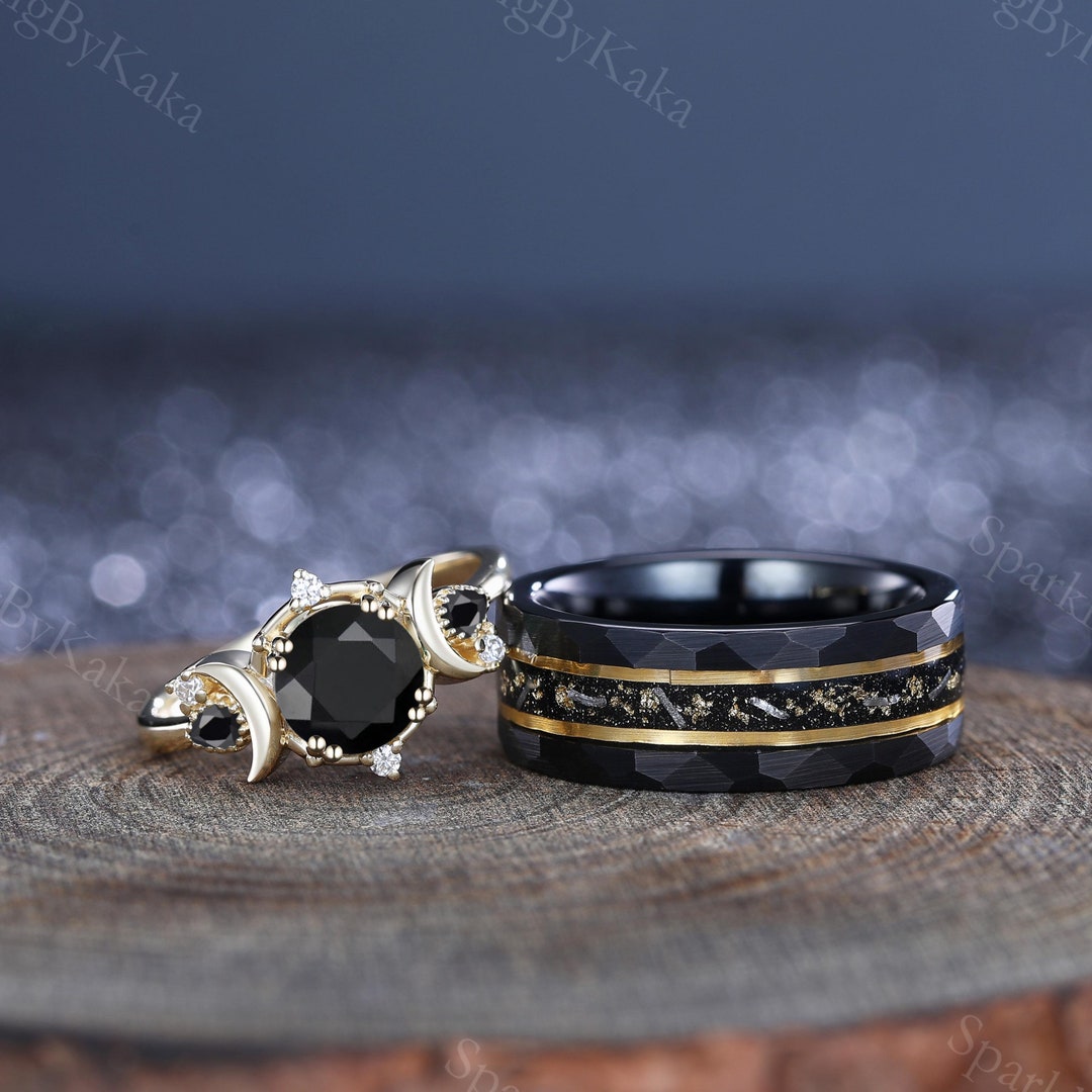 Gothic Black Onyx Wedding Ring Black Onyx Couple Ring Star Moon Ring ...