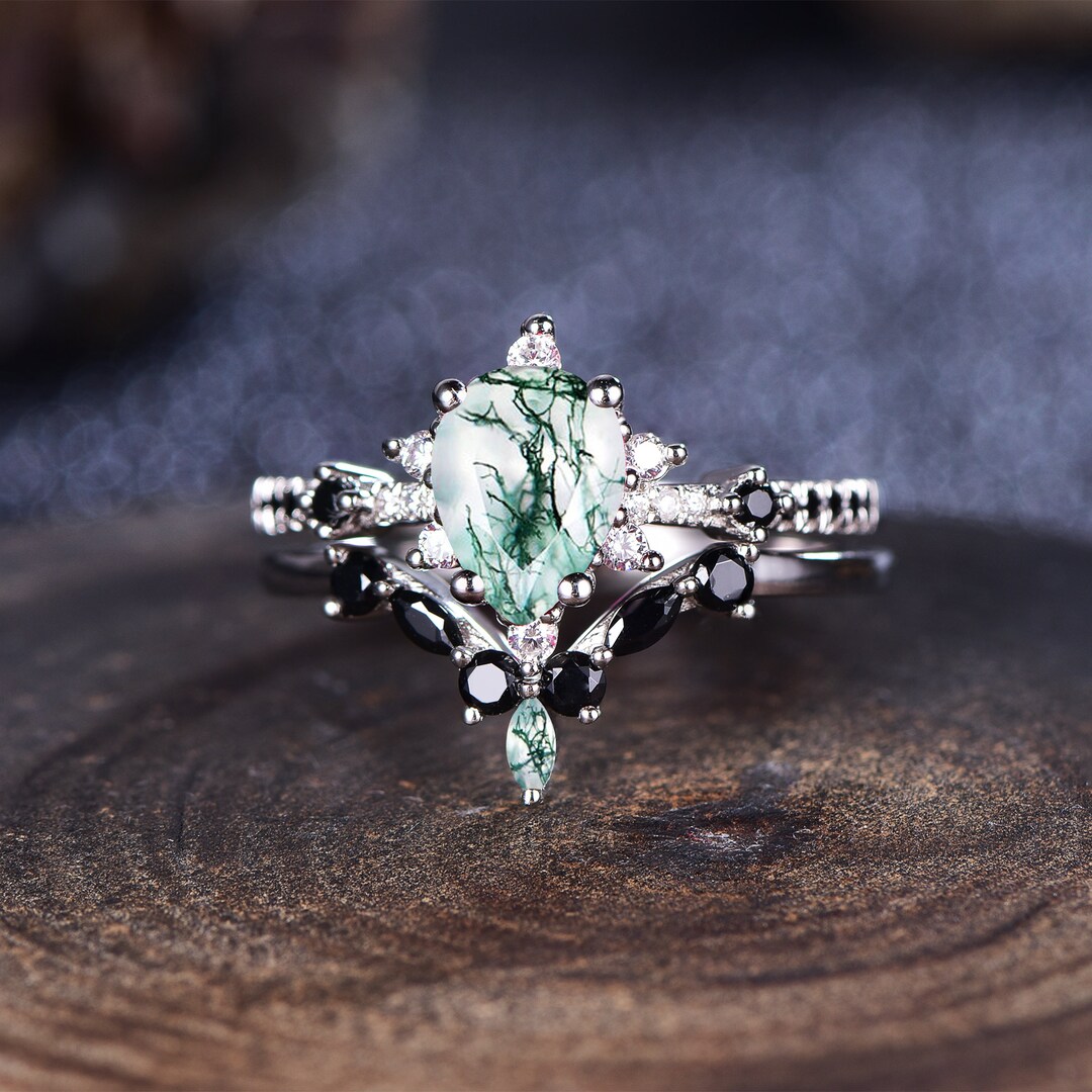 Pear Shaped Moss Agate Engagement Ring Set Vintage Moss Agate Ring Set ...