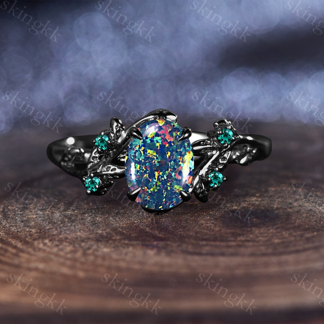 Black Opal Ring - Gold Emerald Accent, October Birthstone - Etsy