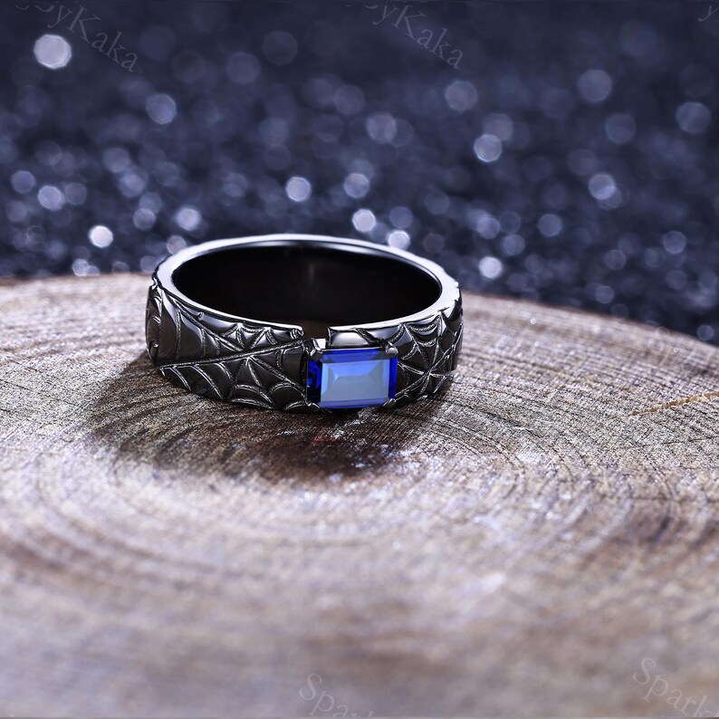 Blue Sapphire Men's Promise Ring Engagement Ring Unique 14K Black Gold ...