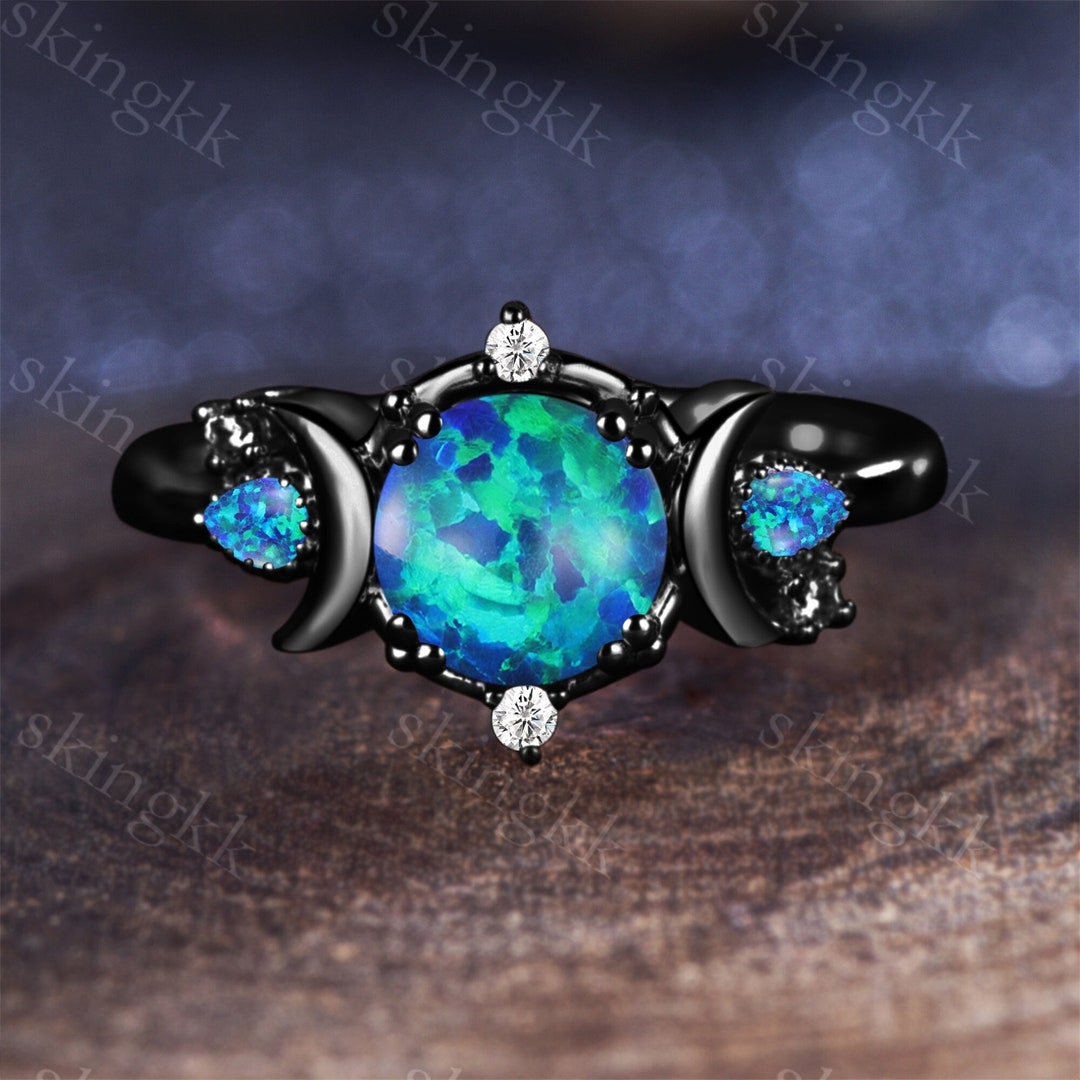Star Moon Ring Celestial Ring Vintage Blue Opal Ring 14K Black Gold ...