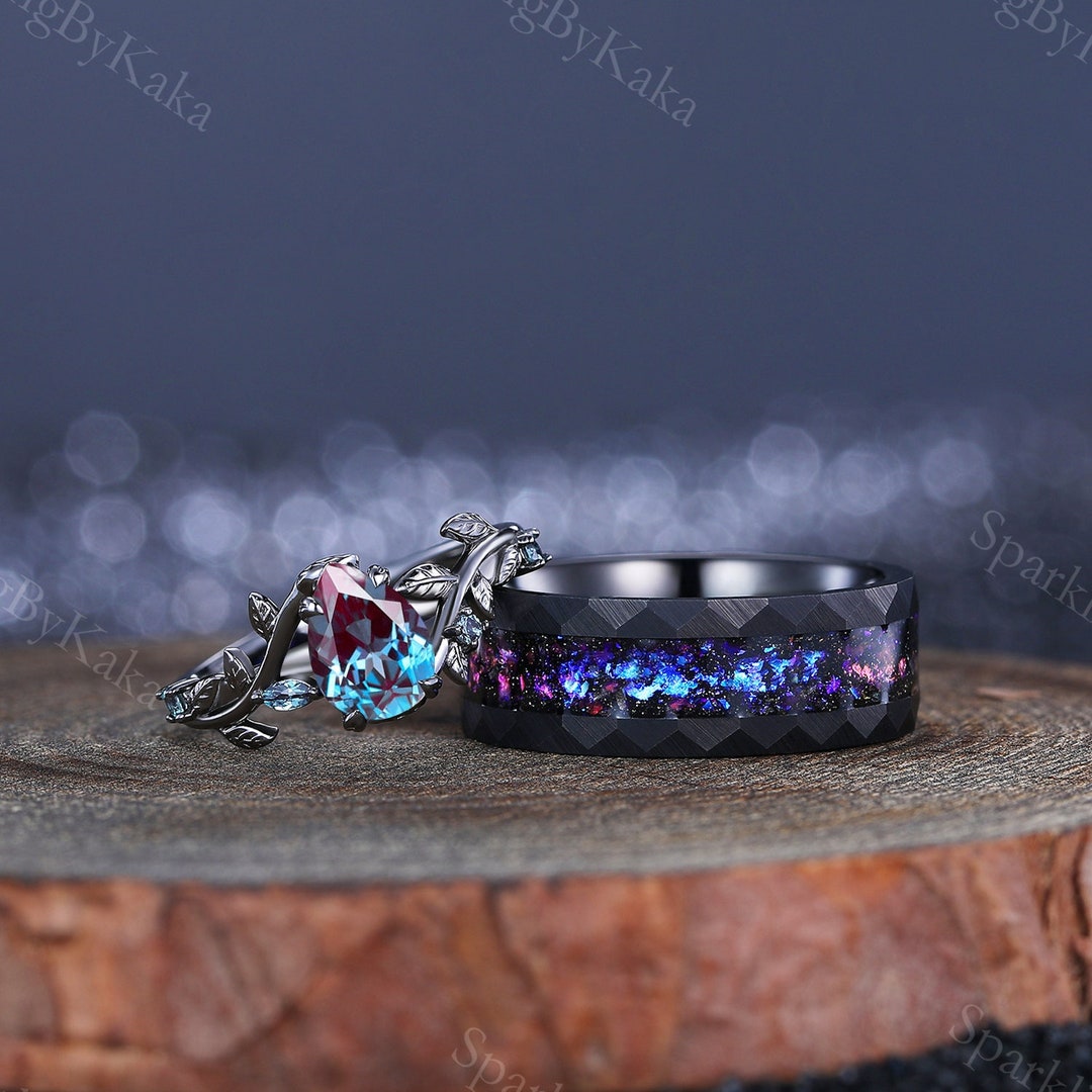 Pear Alexandrite Sterling Silver Leaf Ring Set, Tungsten Fire Opal ...