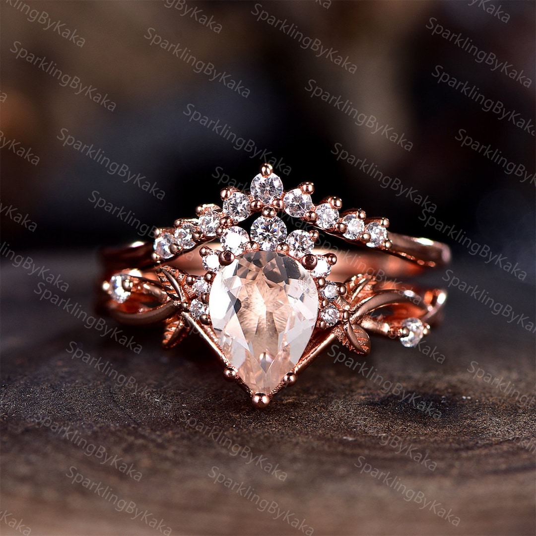 Pear Morganite Engagement Ring Set - Rose Gold Twist Wedding Band - Etsy