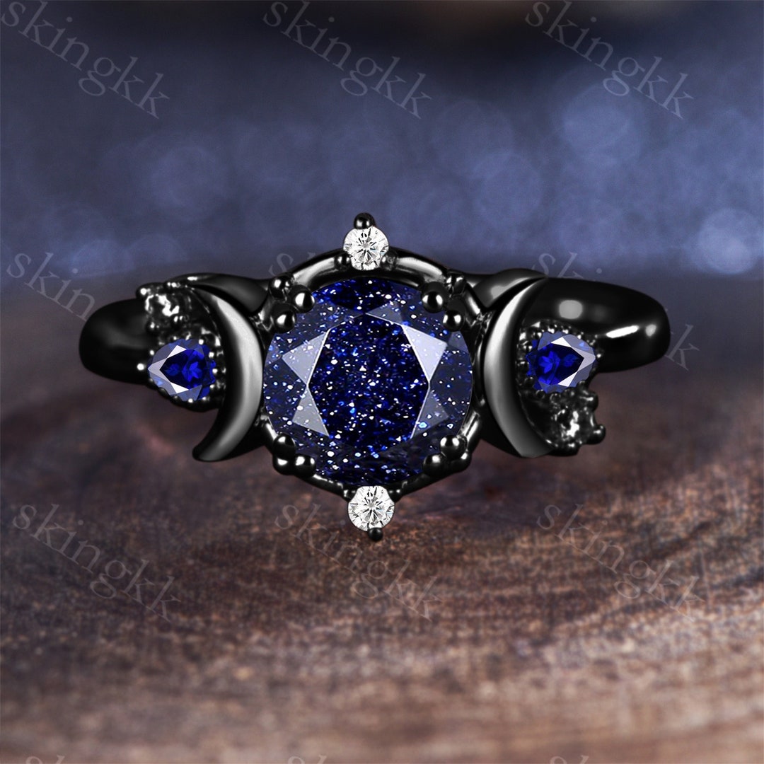 Blue Sandstone Star Moon Ring – 14K Black Gold, Sapphire Accent - Etsy